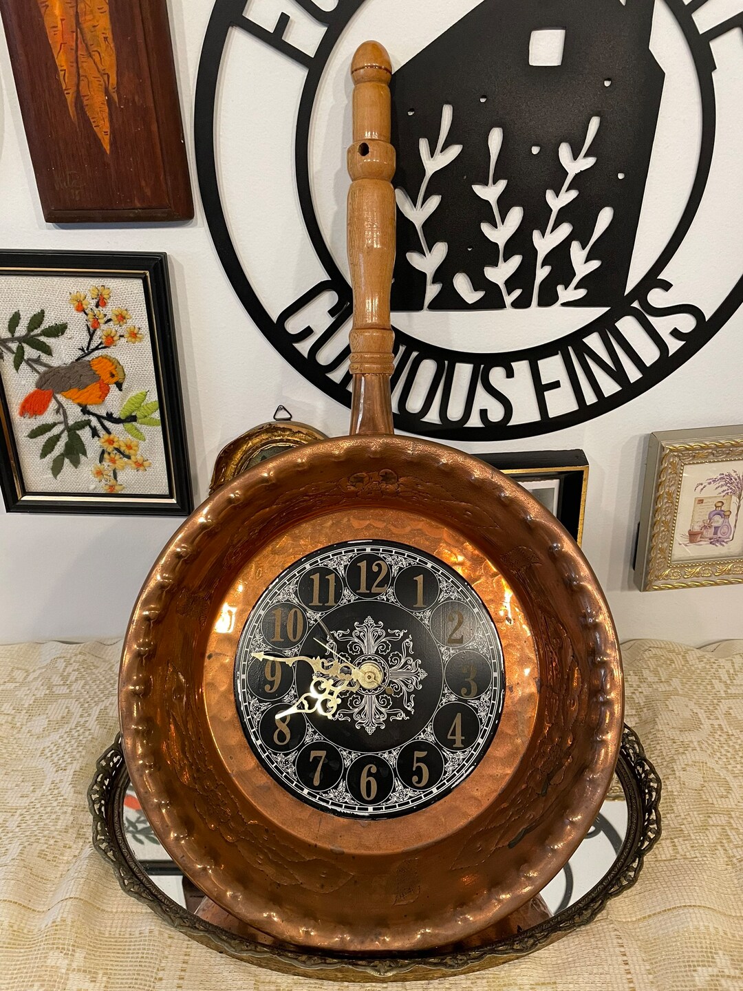 Vintage Hammered Copper Pan Wall Clock Wall Decor Design Clock Face Pot ...