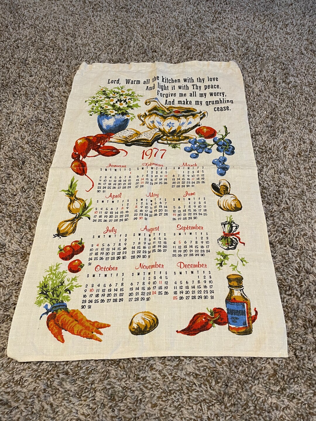 1977 Kitchen Prayer Calendar Tea Towel Linen Vintage - Etsy