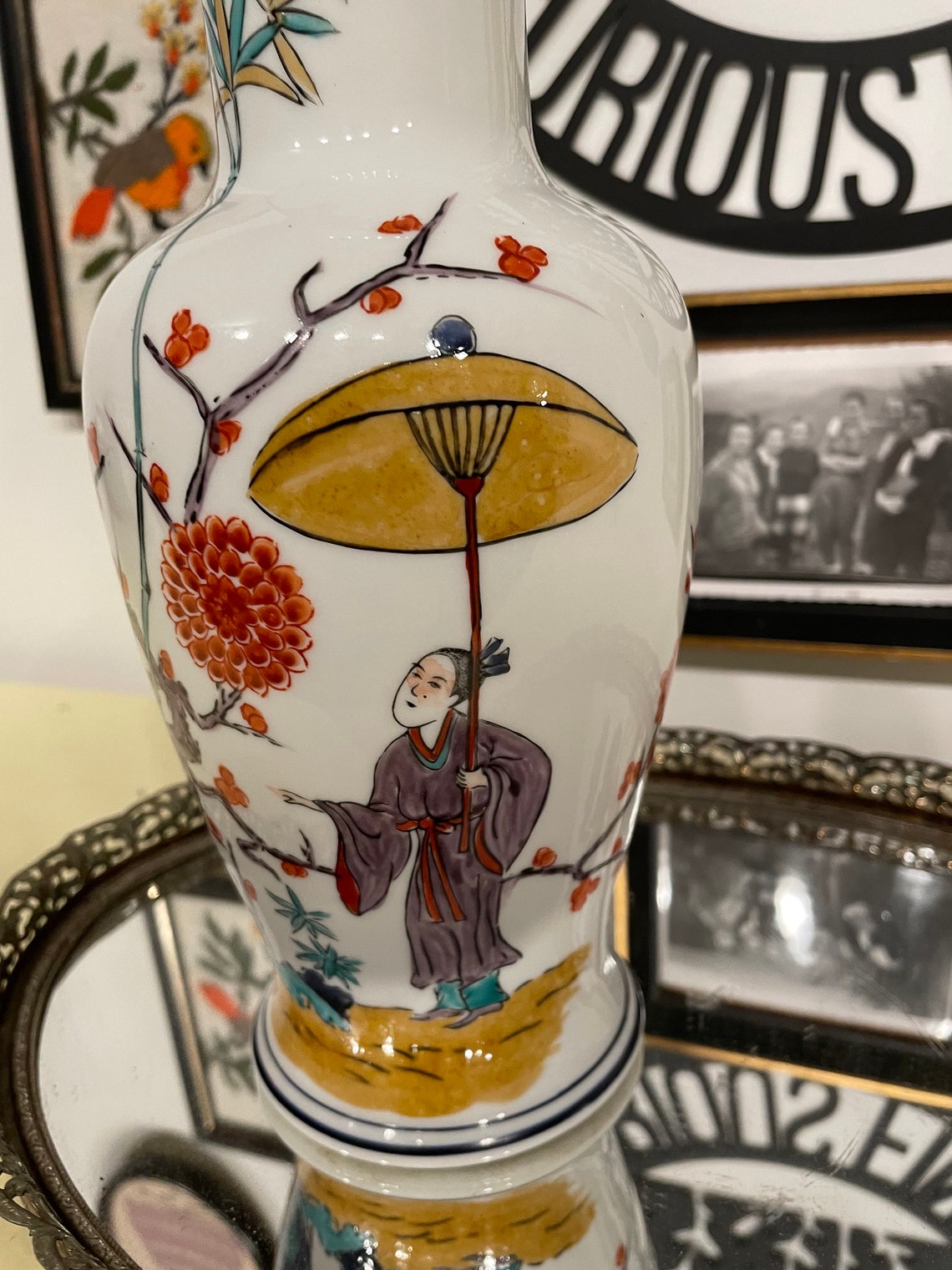 Vintage Japanese Geisha Hand Painted Porcelain Vase Umbrella Violin Men ...