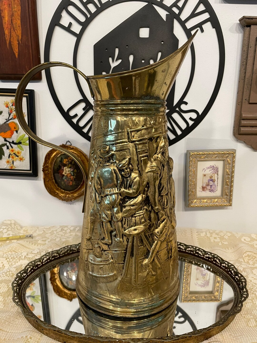 Vintage Brass Elpec Pitcher Embossed COLONIAL PUB SCENE Fire Hearth ...