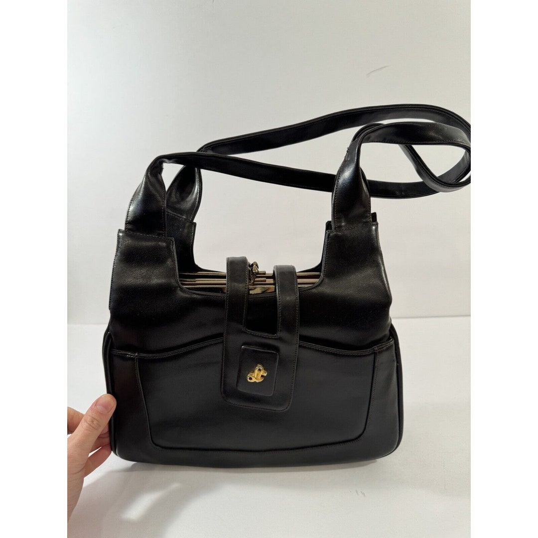 Vintage Lou Taylor Black Leather Purse W/ Built in Swivel Mirror Clasp ...