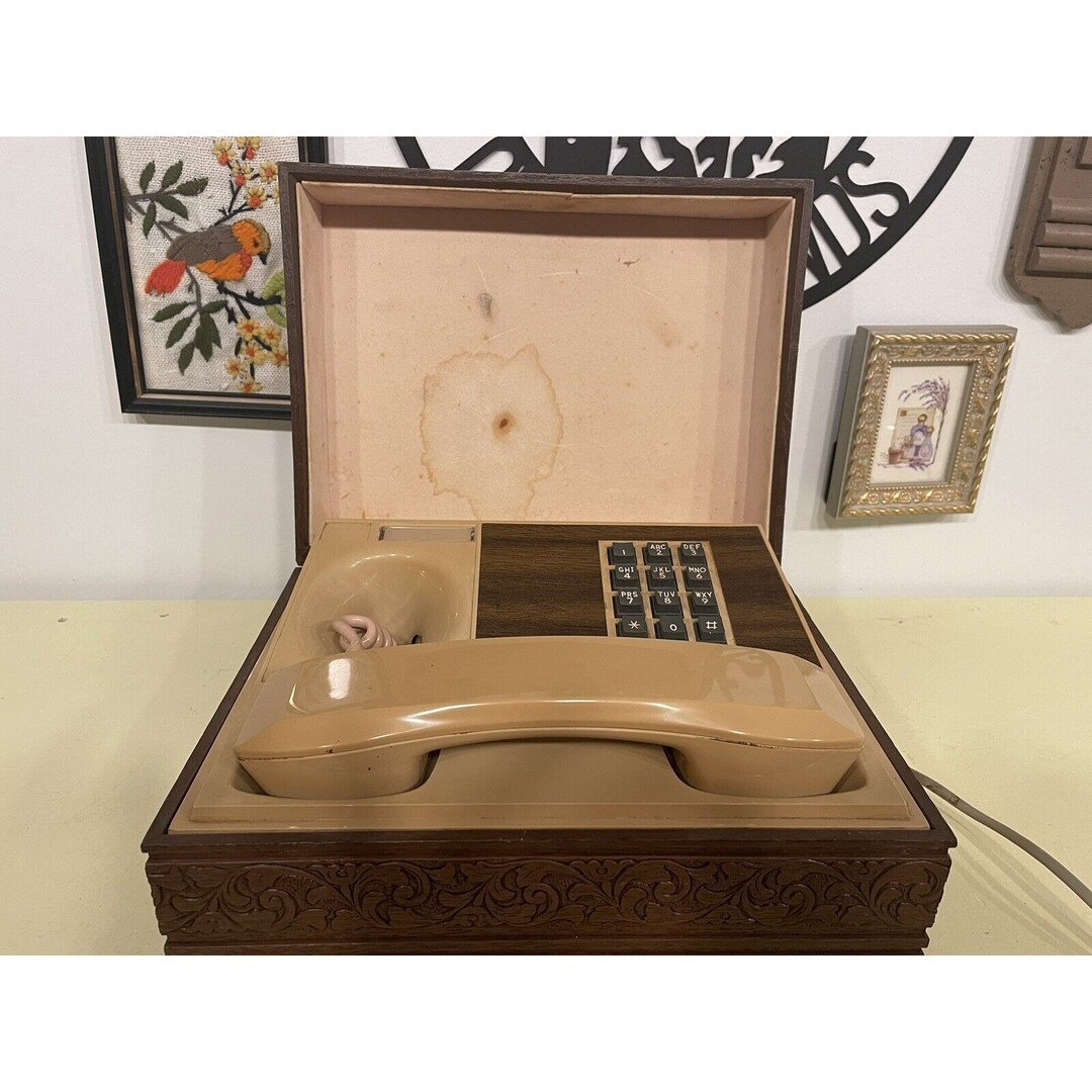 Vtg Retro DECO-TEL Wood Phone Plastic Wood Ornate Box Touch Tone ...