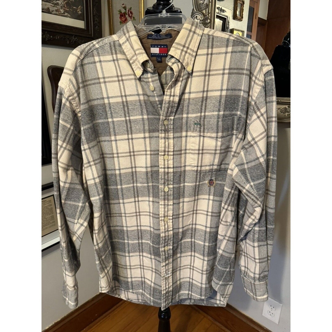 Tommy Hilfiger Crest Logo Flannel Shirt Plaid Gray Tan Men's L VINTAGE Preppy Original Crest ...