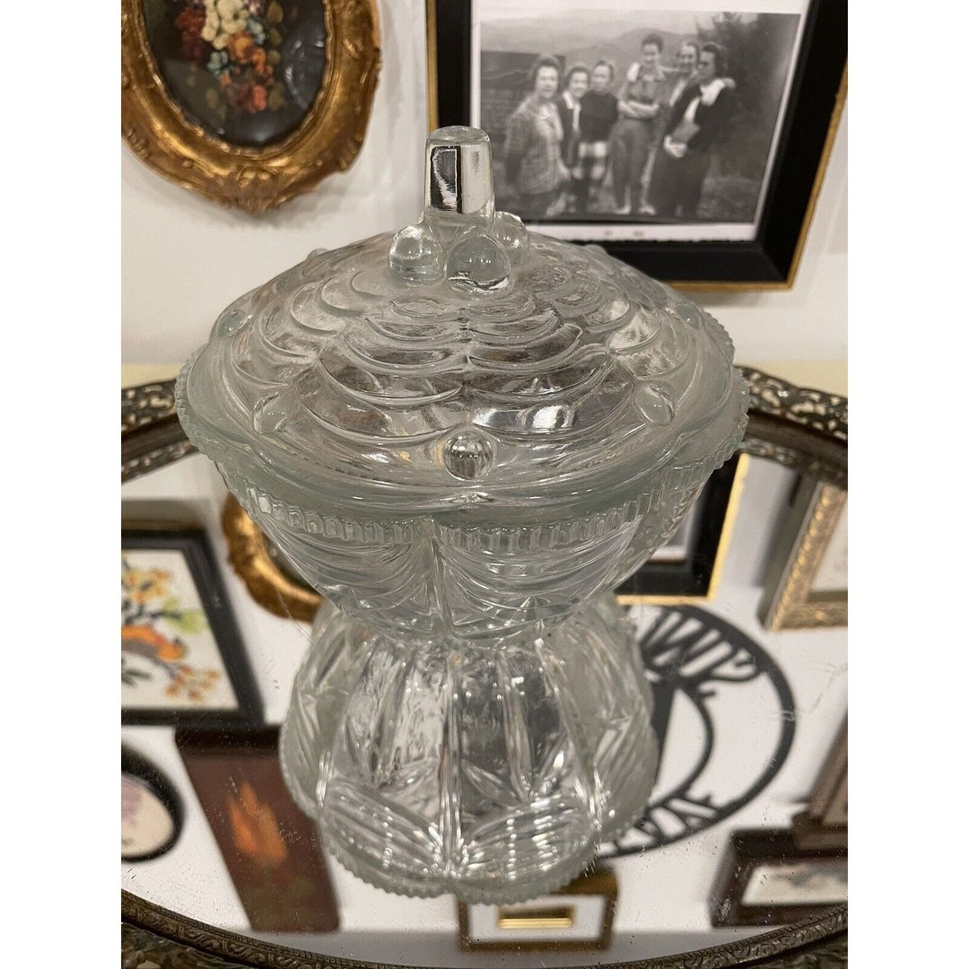 Vintage Wavy Cut Clear Glass Candy Dish W/ Lid Round Ribbon Cut Antique ...