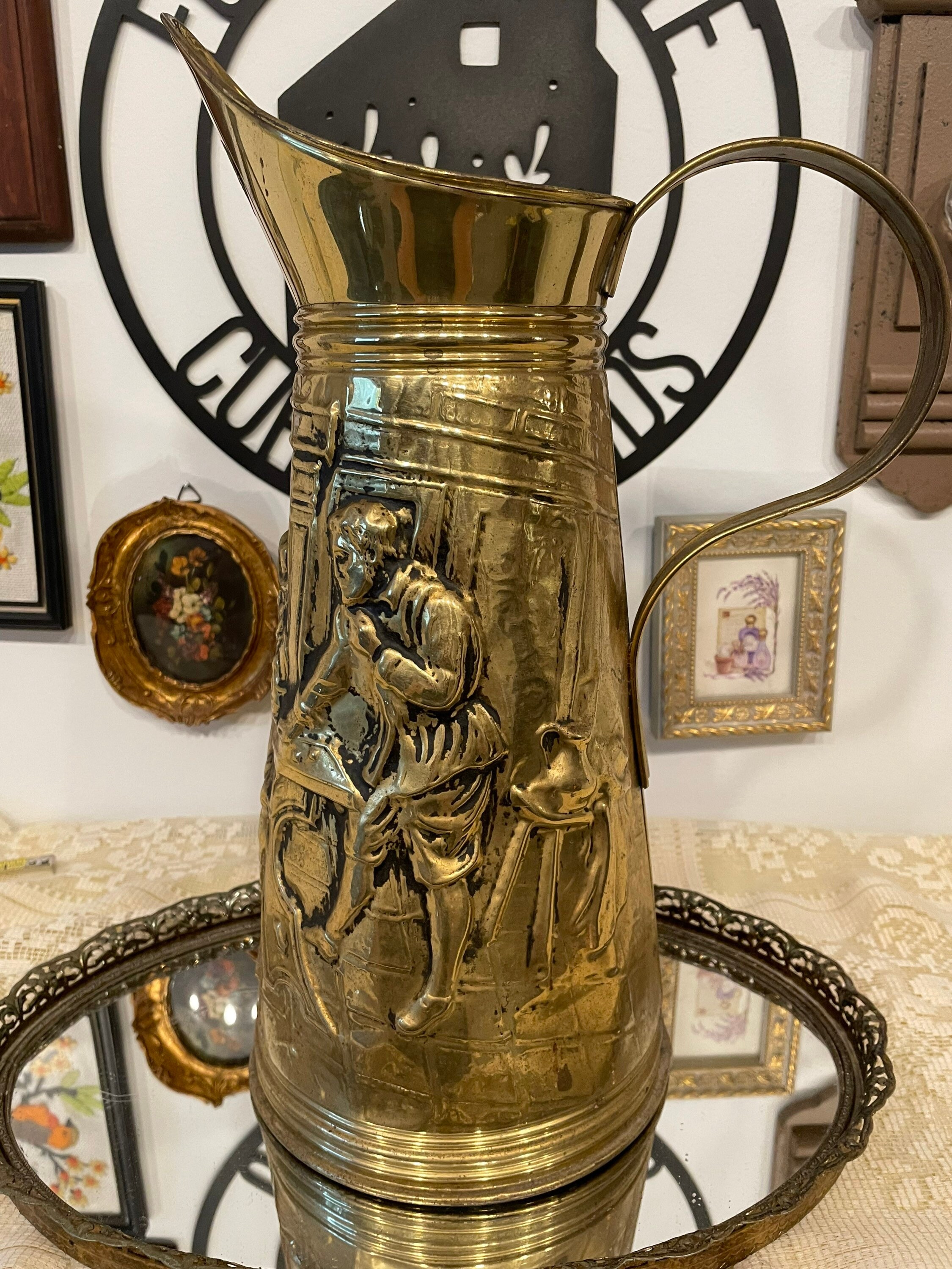 Vintage Brass Elpec Pitcher Embossed COLONIAL PUB SCENE Fire Hearth ...