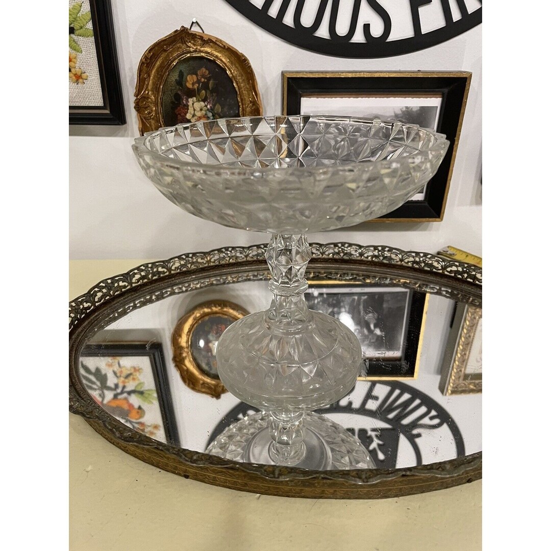 Vintage Indiana Pressed Glass Diamond Chalice Candy Dish Compote Stem ...