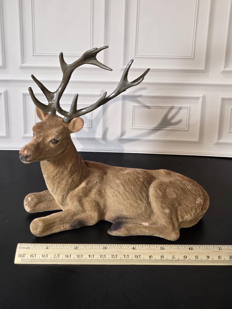 Vintage Flocked Deer Hard Plastic Buck Sitting With Antlers Nostalgic ...