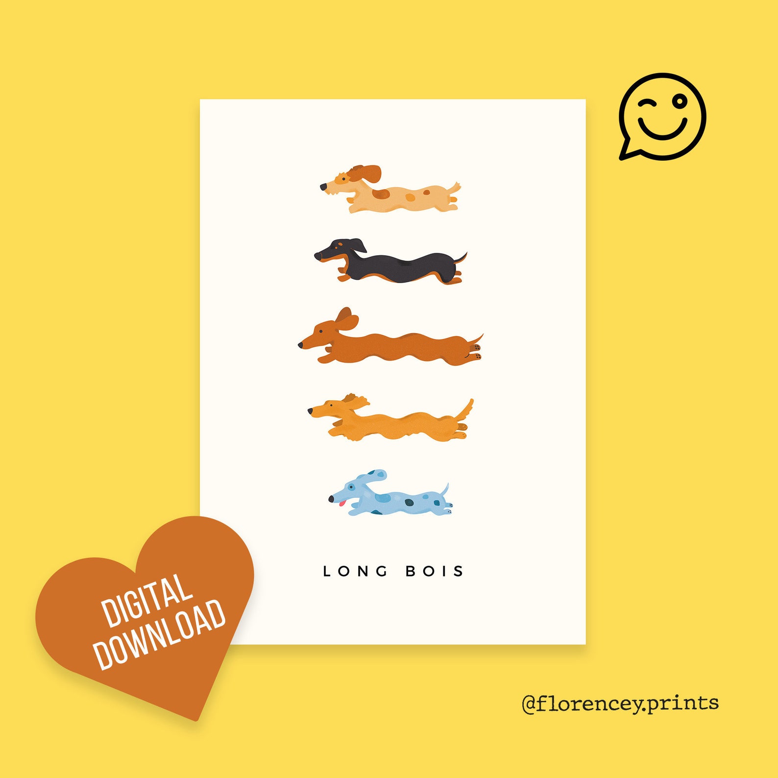 Cute Dachshund Dog Print, Printable, Digital Download, Wall Art, Funny ...