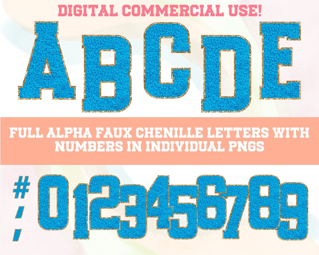 Azure Blue Gold Glitter Faux Chenille Alphabet PNG Sports Varsity ...