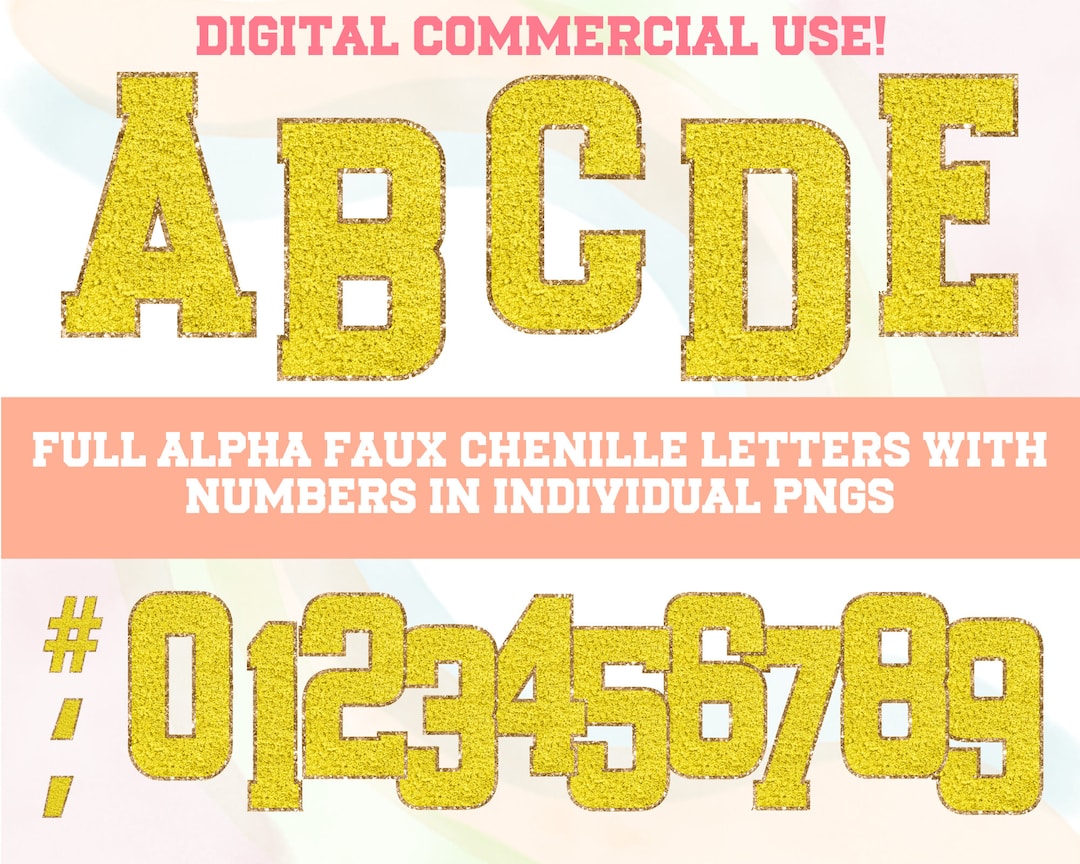 Pastel Yellow Gold Glitter Faux Chenille Alphabet PNG Sports Varsity ...