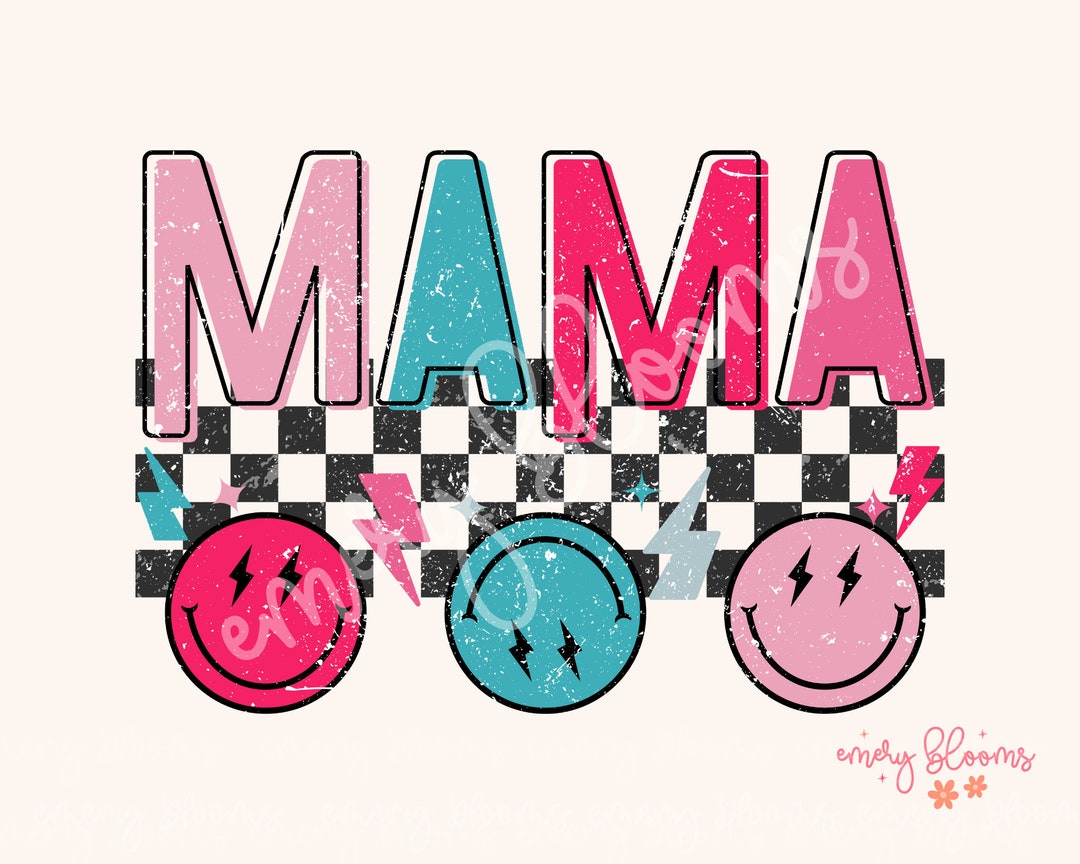 Retro Grunge Mama PNG Colorful Mom Smiley Varsity Pink & Blue Groovy ...