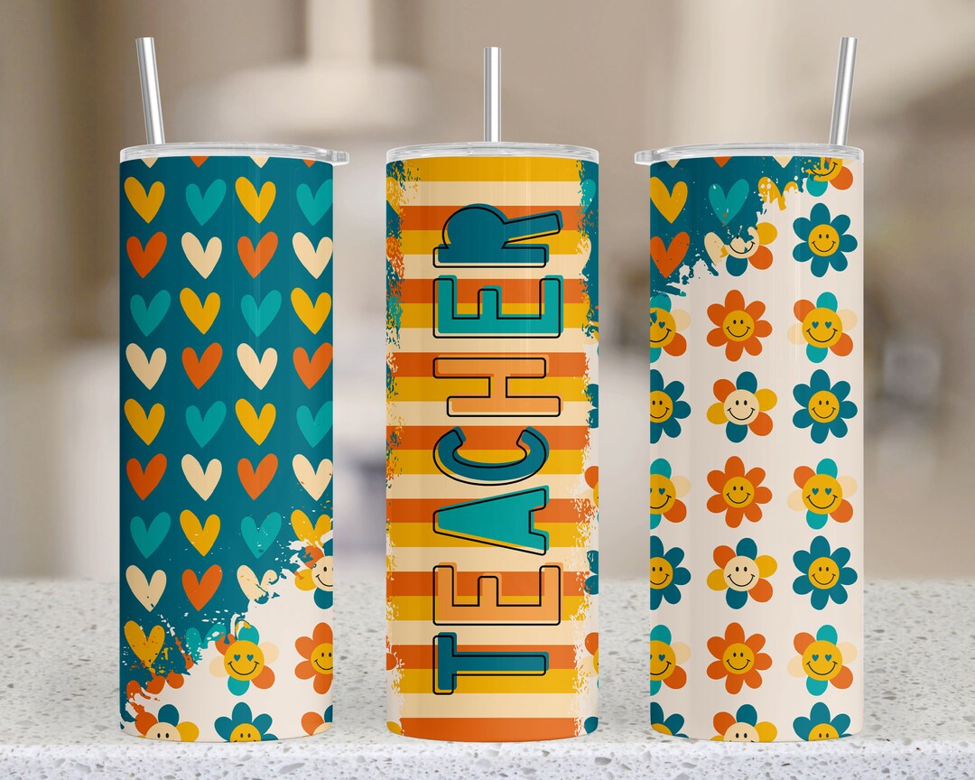 Teacher Tumbler Wrap, 20oz Skinny Straight, Retro Floral Smiley Teacher ...