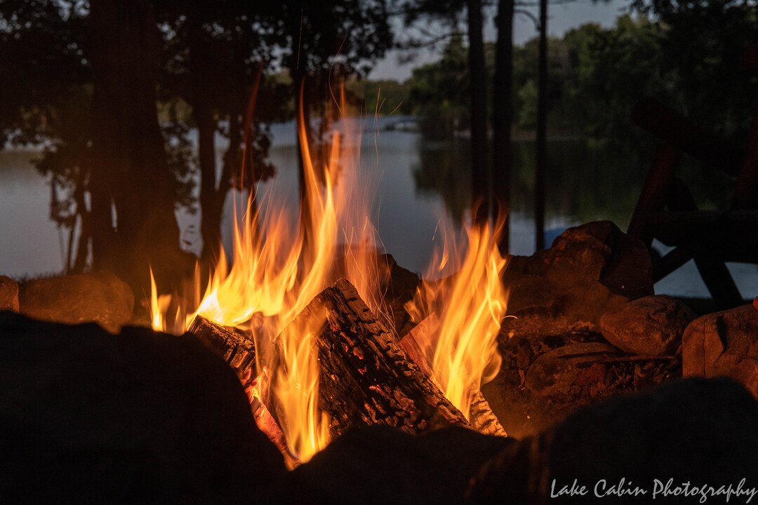 Lake Campfire Print | Campfire Wall Art | Lake House Decor | Cabin ...