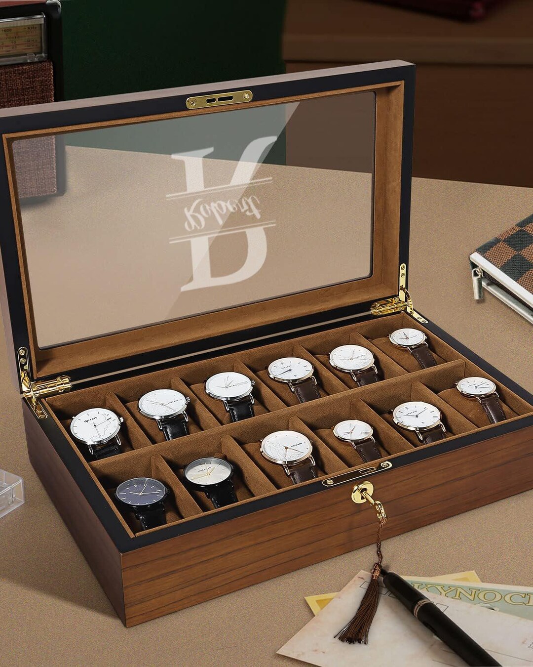 Premium Design, Brown Solid Wood Watch Box Personalized Monogram 10 ...