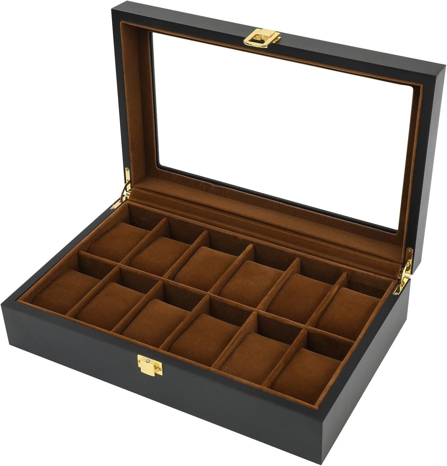 12 Slots Watch Box Solid Wood Watch Display Case With Dark Brown Velvet ...