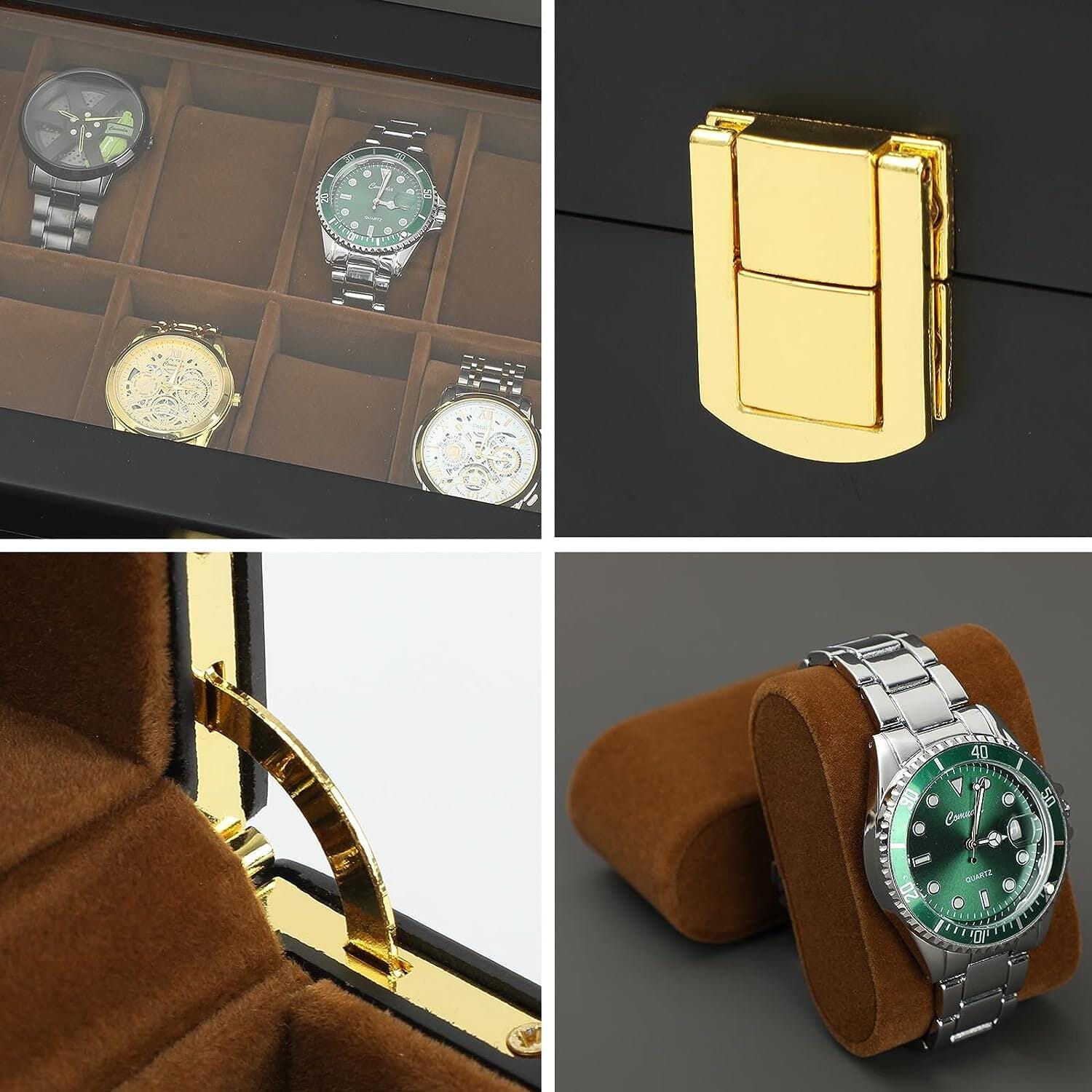 12 Slots Watch Box Solid Wood Watch Display Case With Dark Brown Velvet ...