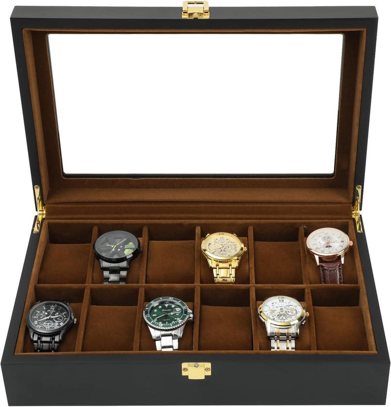 12 Slots Watch Box Solid Wood Watch Display Case With Dark Brown Velvet ...