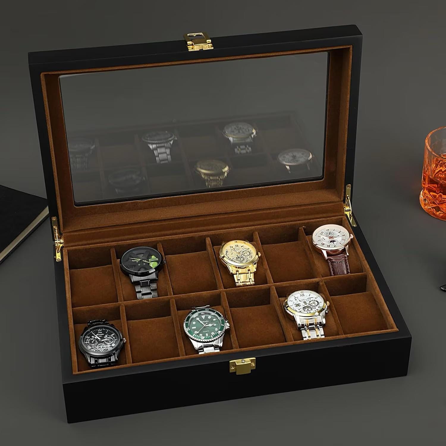 12 Slots Watch Box Solid Wood Watch Display Case With Dark Brown Velvet ...