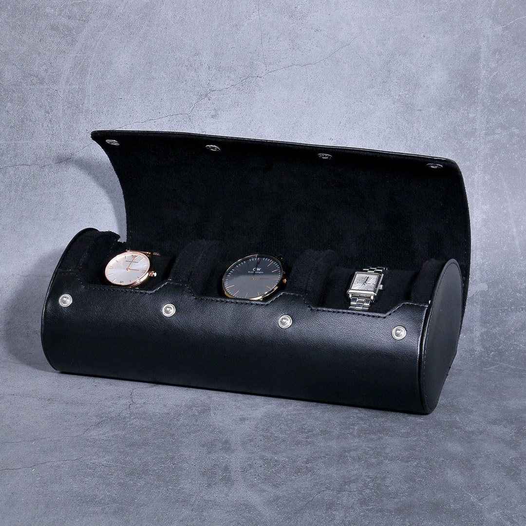 Leather Watch Case 3 Watch Slots, Handmade Travel Watch Roll, Black ...