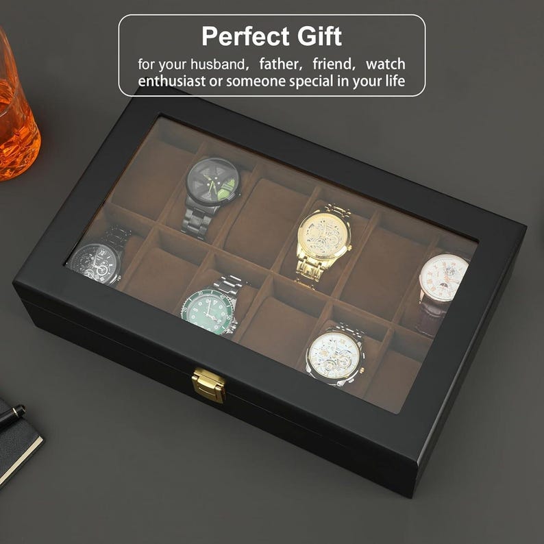 12 Slots Watch Box Solid Wood Watch Display Case With Dark Brown Velvet ...