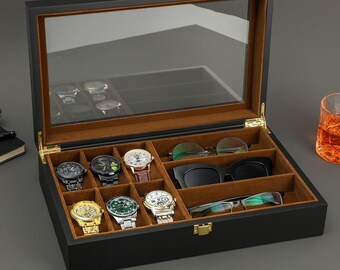 12 Slots Watch Box Solid Wood Watch Display Case With Dark Brown Velvet ...