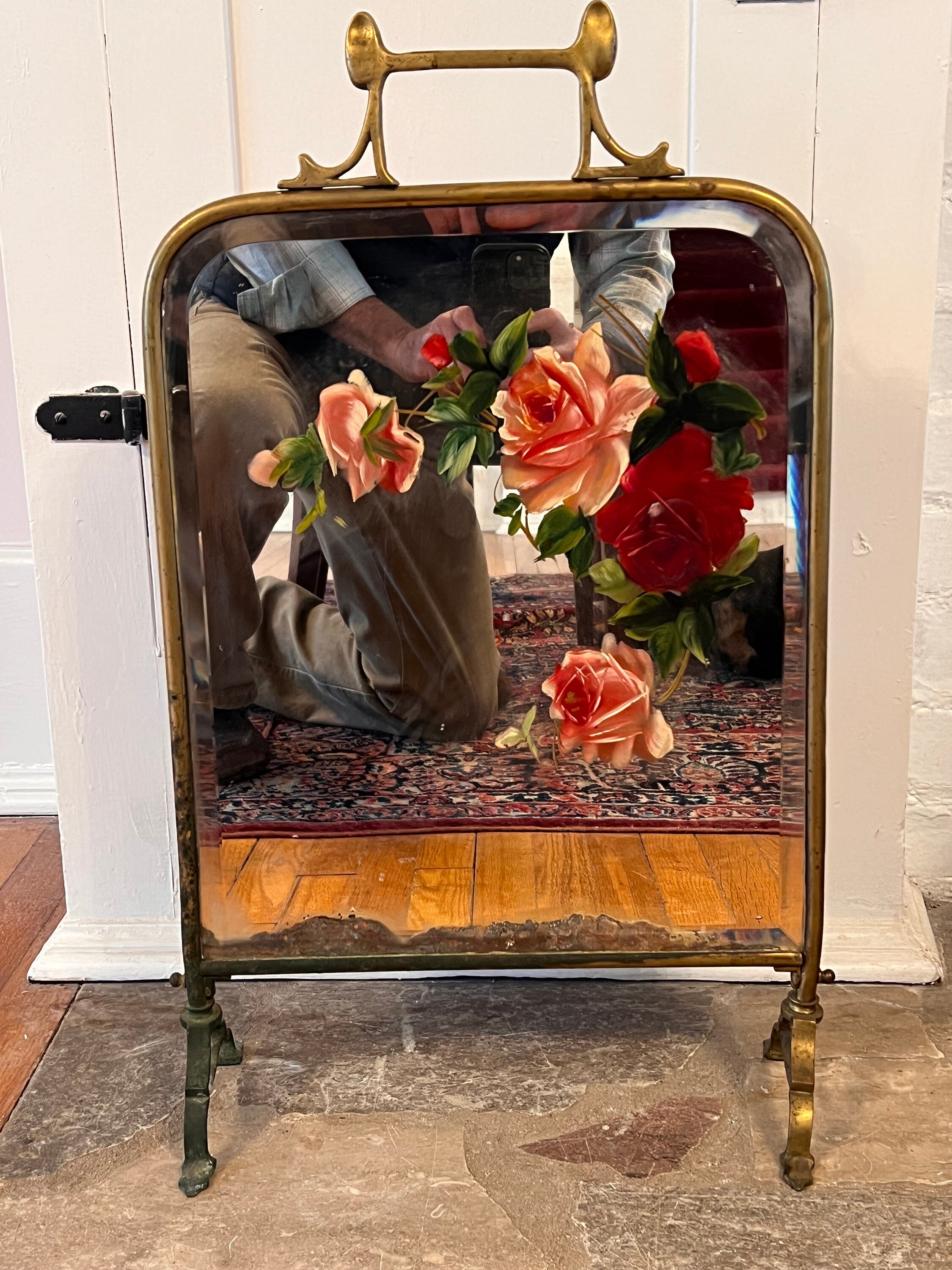 1930s Brass Mirrored Fire Screen With Hand Painted Roses - Etsy
