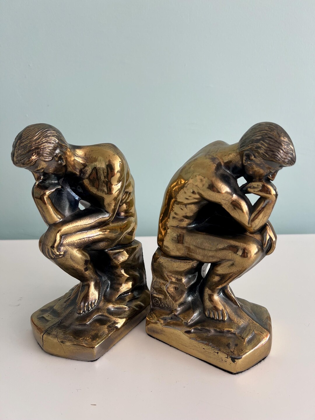 Vintage 1928 the Thinker Statue Cast Metal Bookends Brass Colored Art ...