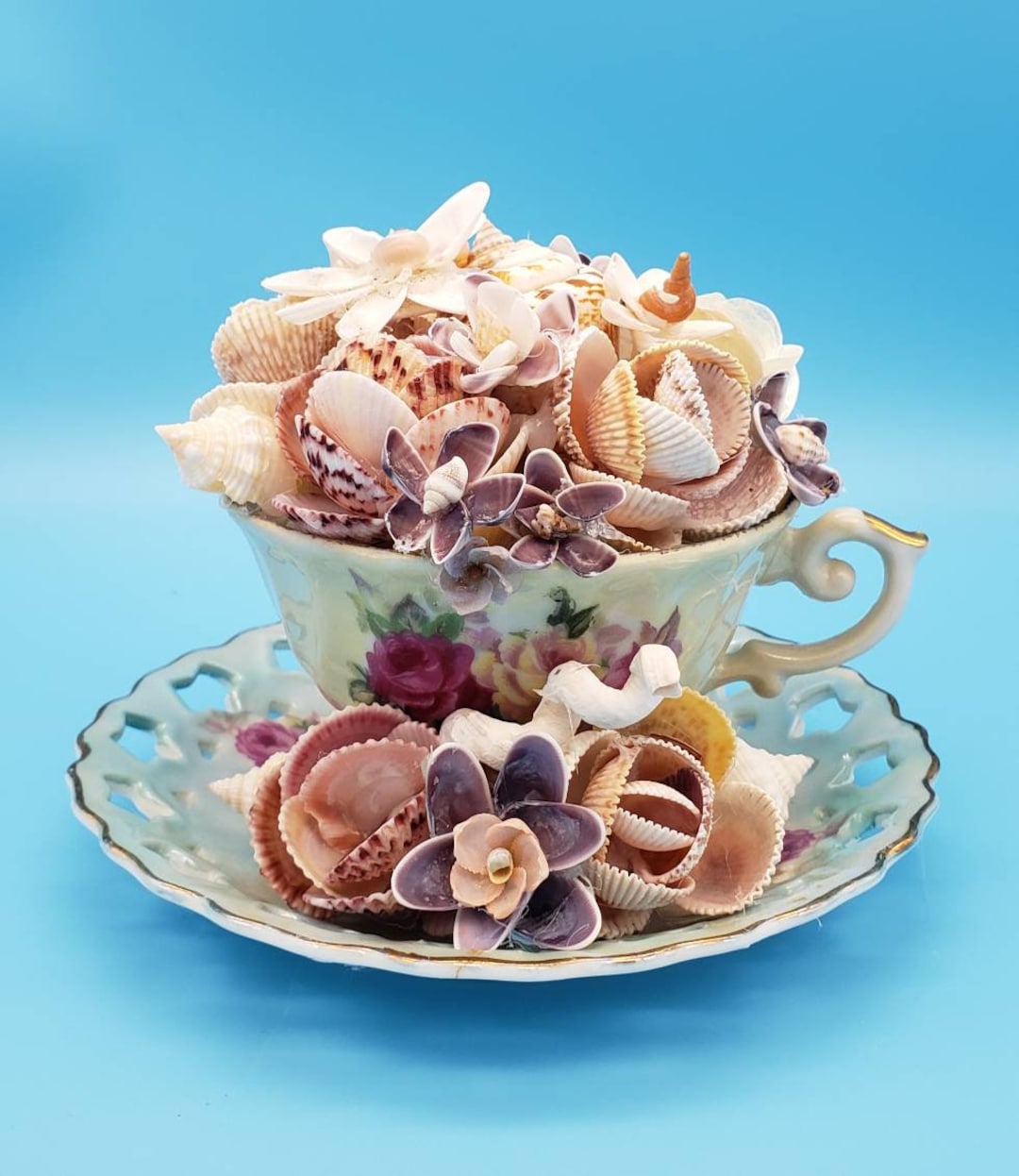 Vintage Teacup With Seashell Flower Bouquet Centerpiece. - Etsy