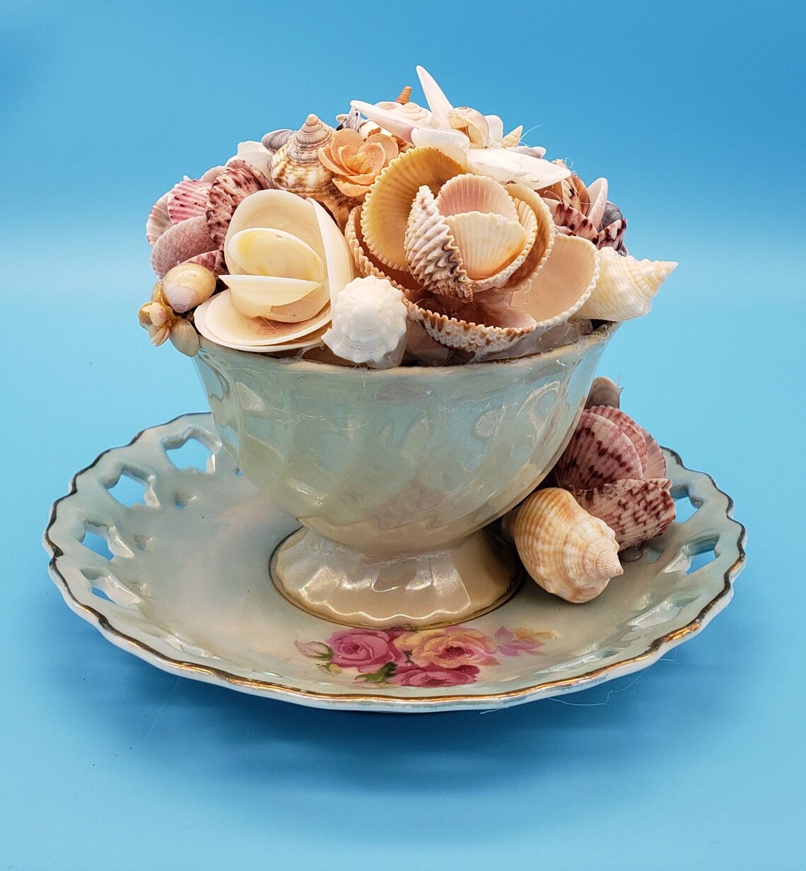 Vintage Teacup With Seashell Flower Bouquet Centerpiece. - Etsy