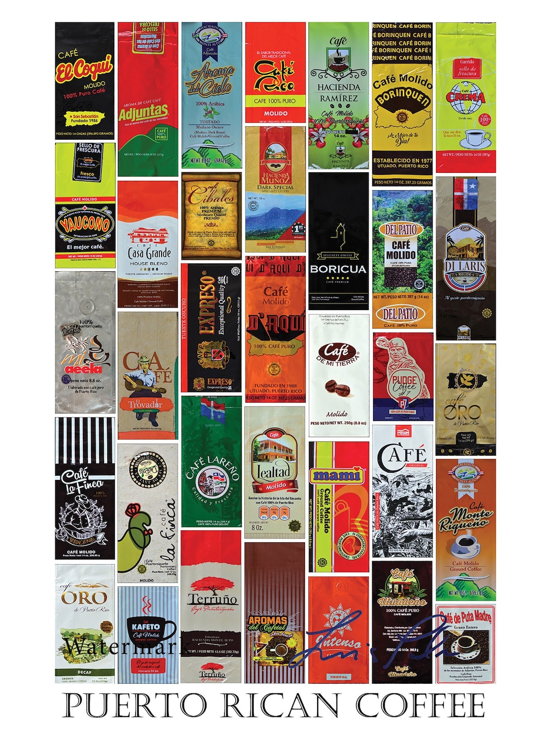 COFFEE POSTER of Puerto Rican Brands. A Collage of 35 Coffee Bags From ...