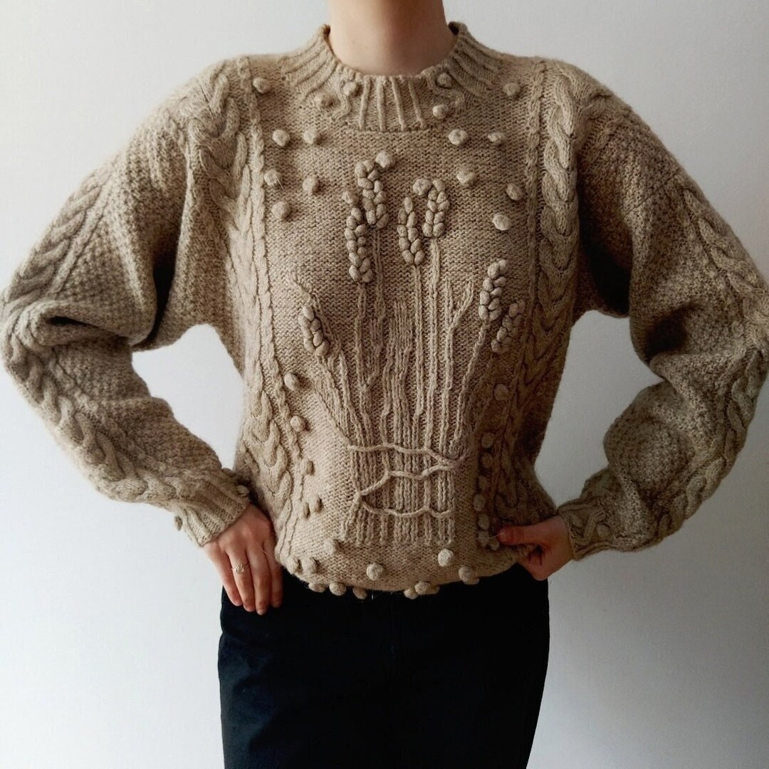 1980's Wool Sweater Ear of Corn Cable Knit Chunky Cream Sweater 80s ...