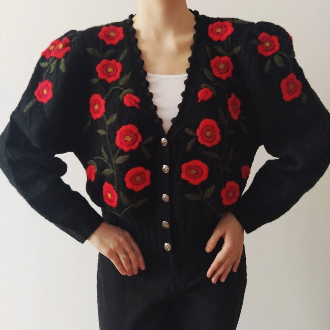 1980's Floral Embroidery Cardigan Austrian Bavarian Cardigan Tirol ...