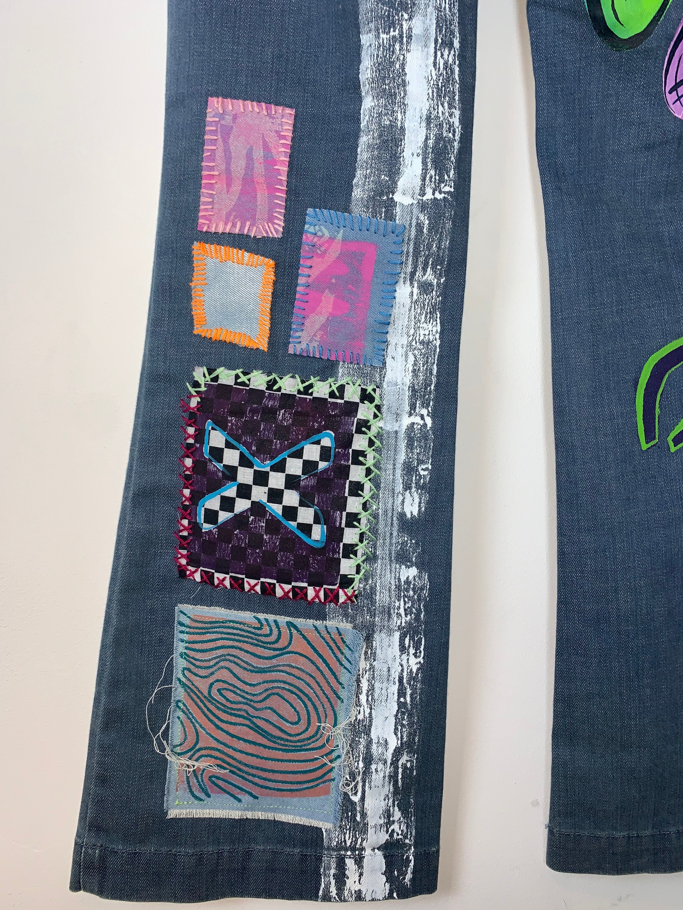 Custom Patchwork Hand Painted Graphic Print Jeans With Collage Patches ...