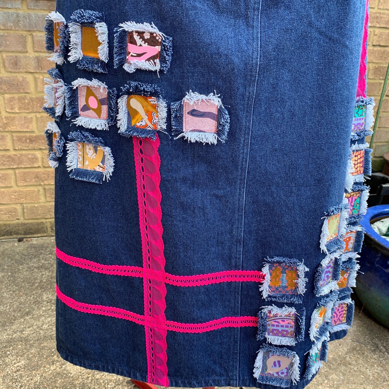 Denim Frayed Patchwork Midi Skirt With Multi Coloured Mini Fabric and ...
