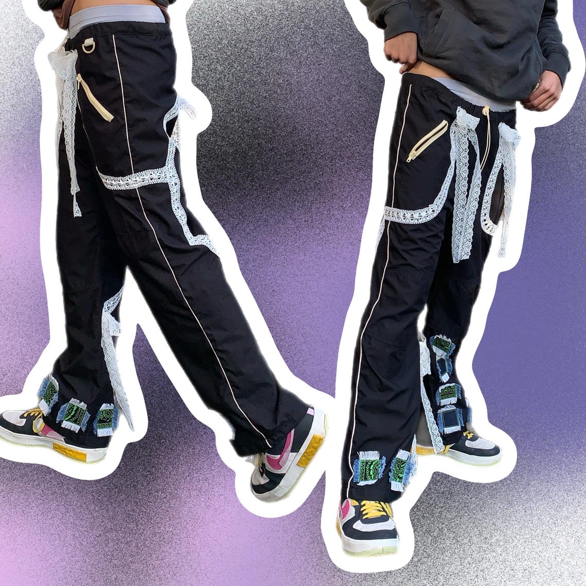 Black Cargo Style Tracksuit Trousers With Lace Bow Detail and Frayed ...