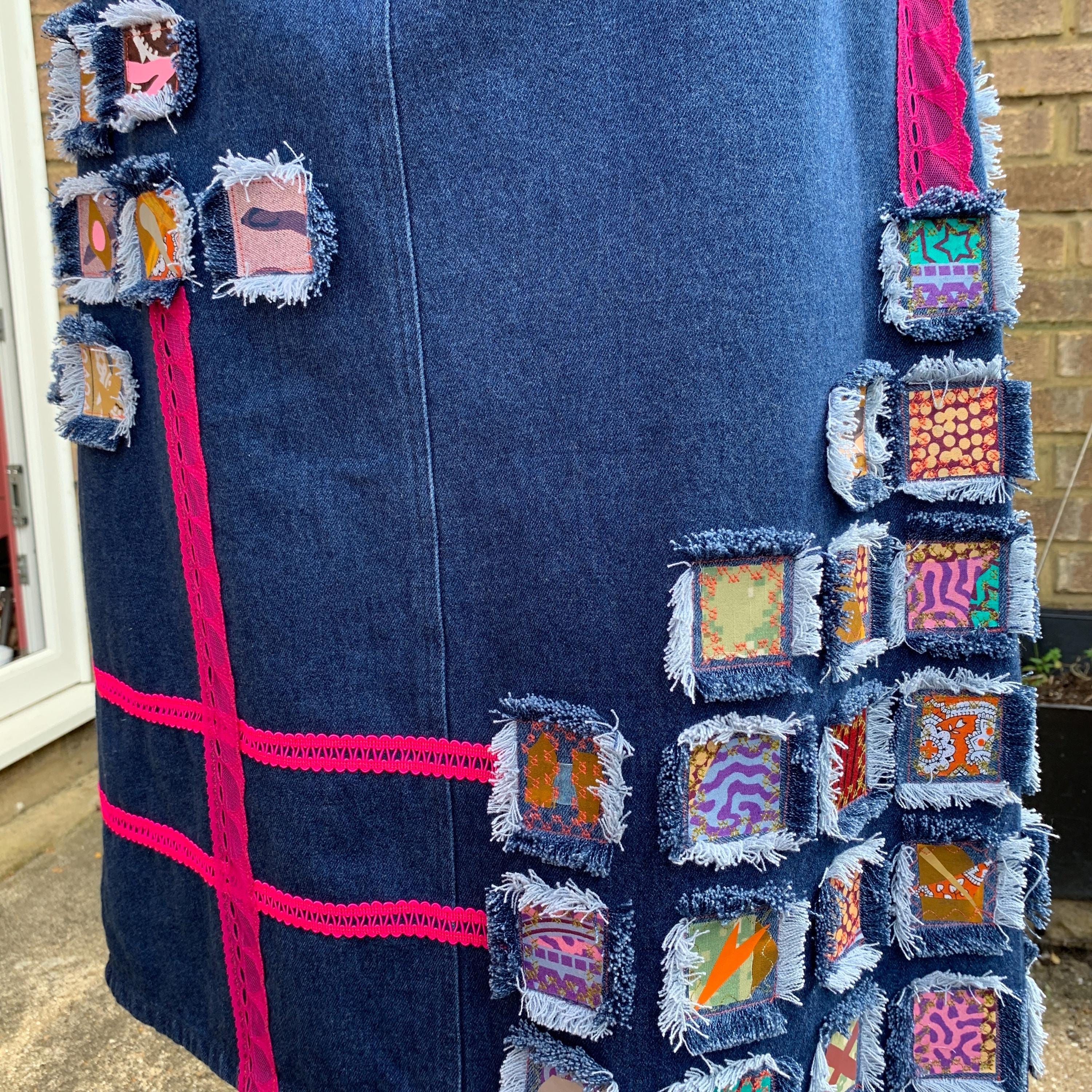 Denim Frayed Patchwork Midi Skirt With Multi Coloured Mini Fabric and ...