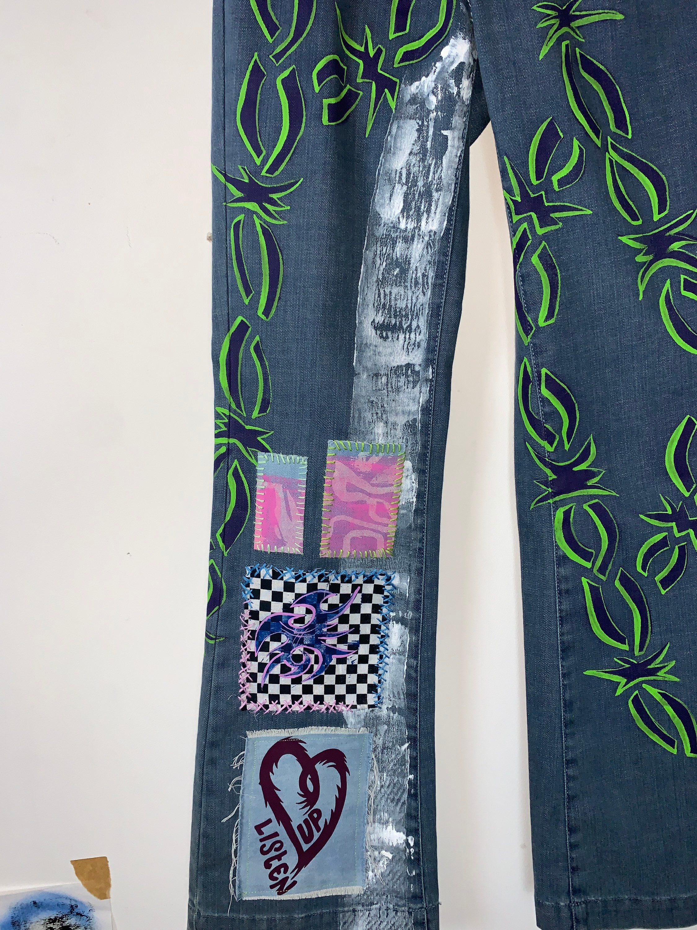 Custom Patchwork Hand Painted Graphic Print Jeans With Collage Patches ...
