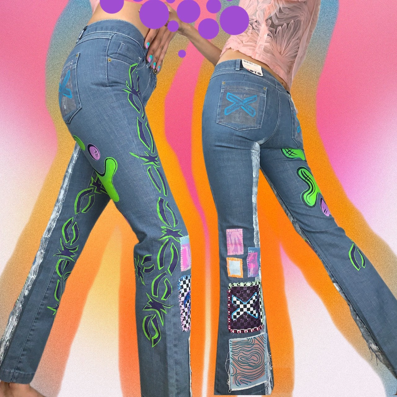 Custom Patchwork Hand Painted Graphic Print Jeans With Collage Patches ...