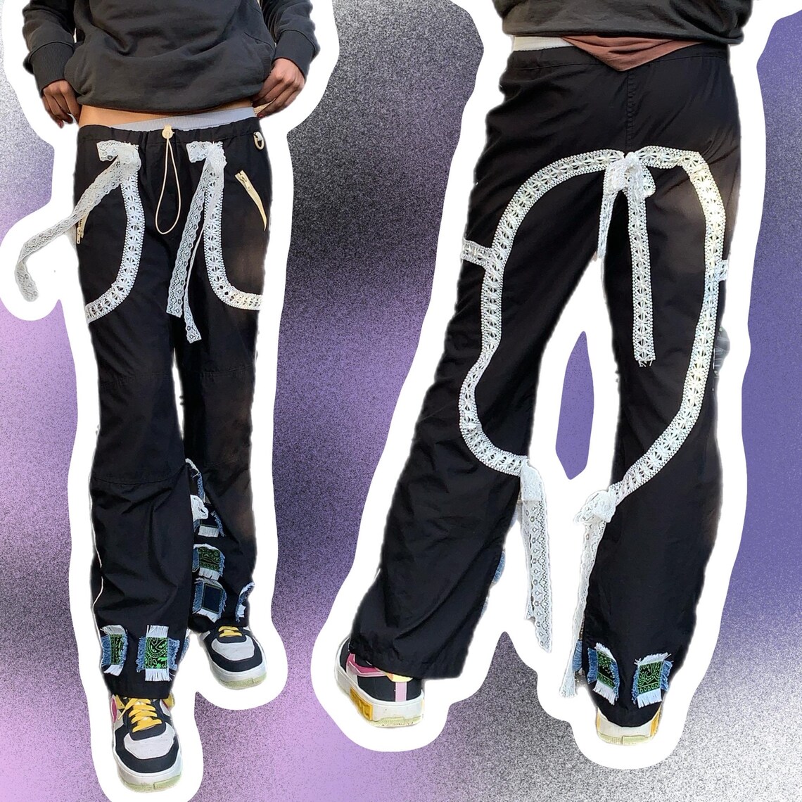 Black Cargo Style Tracksuit Trousers With Lace Bow Detail and Frayed ...