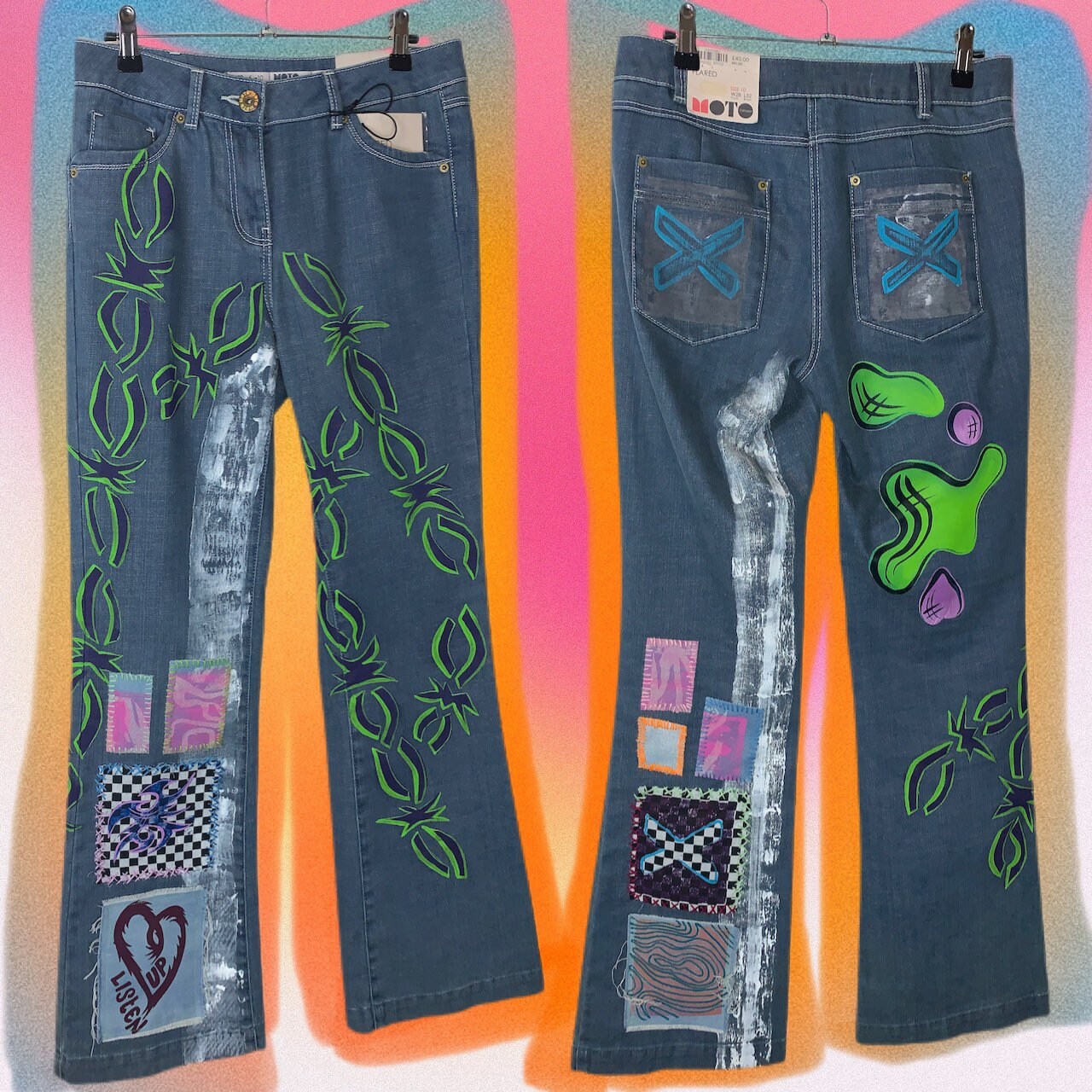 Custom Patchwork Hand Painted Graphic Print Jeans With Collage Patches ...