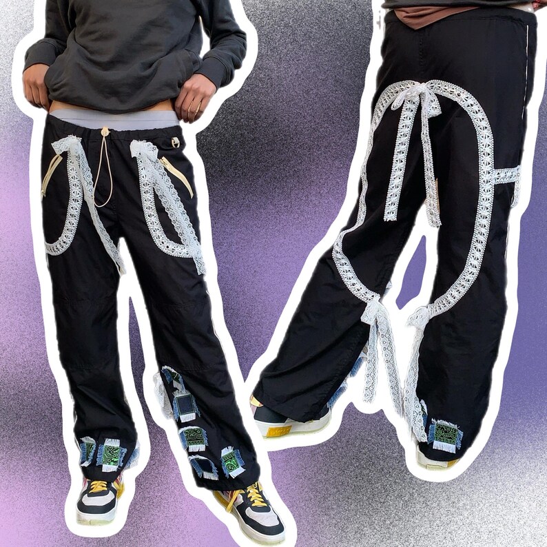 Black Cargo Style Tracksuit Trousers With Lace Bow Detail and Frayed ...