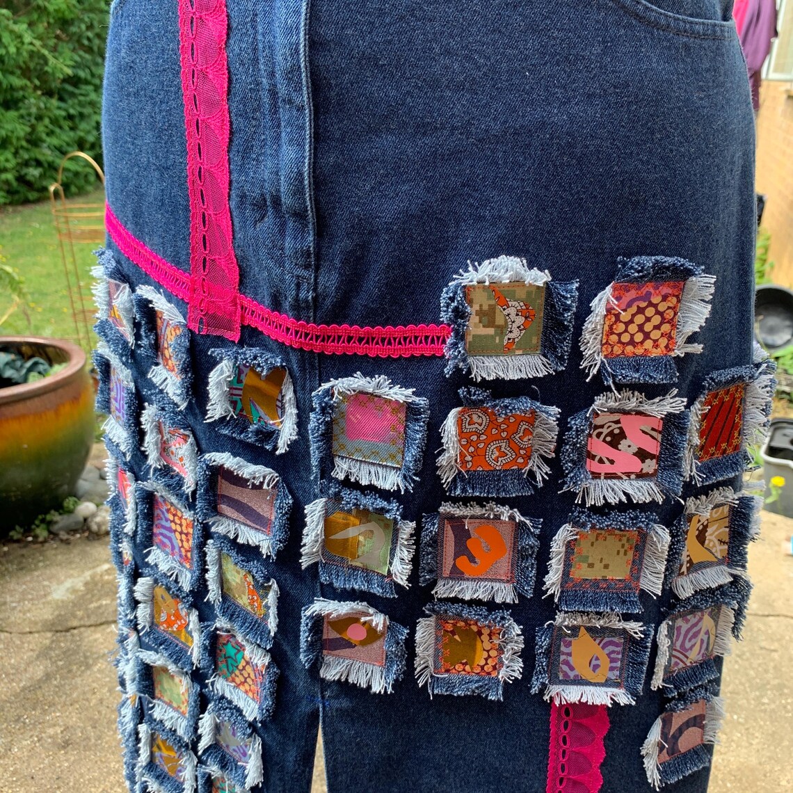 Denim Frayed Patchwork Midi Skirt With Multi Coloured Mini Fabric and ...
