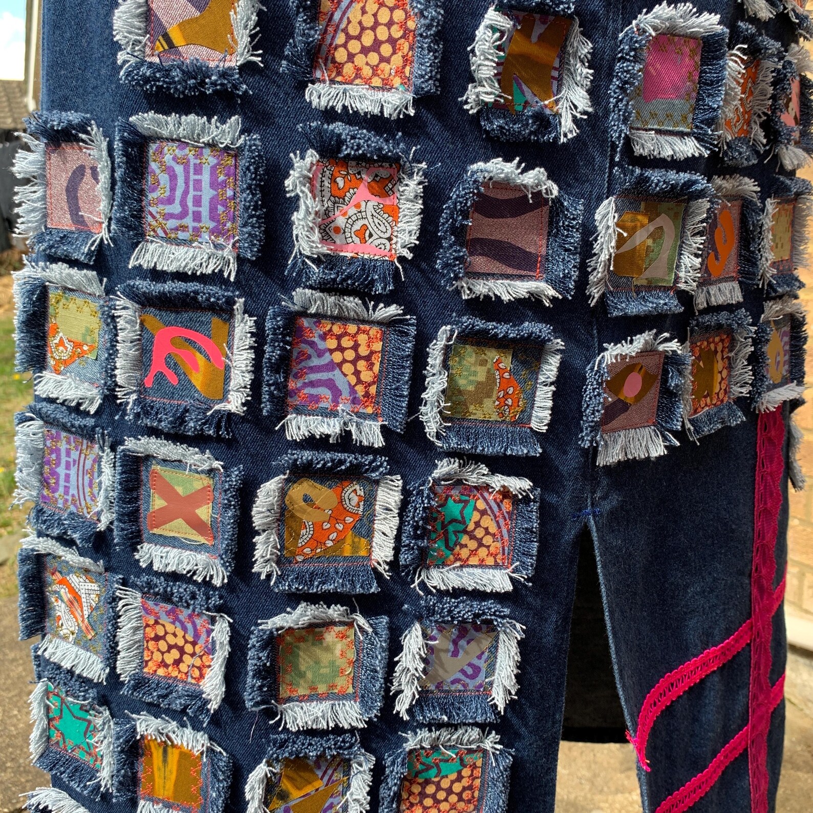 Denim Frayed Patchwork Midi Skirt With Multi Coloured Mini Fabric and ...