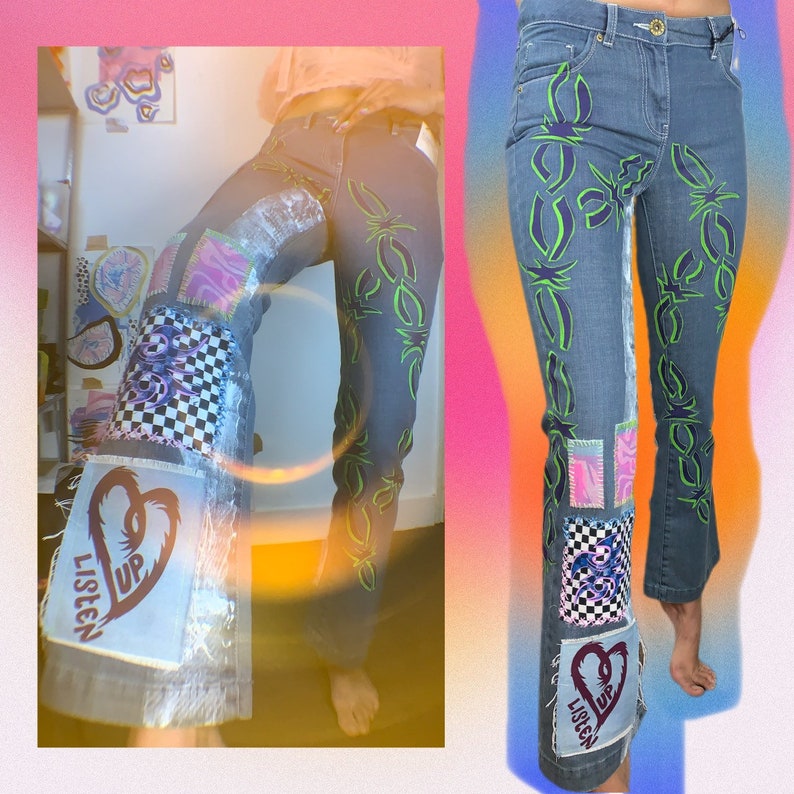 Custom Patchwork Hand Painted Graphic Print Jeans With Collage Patches ...