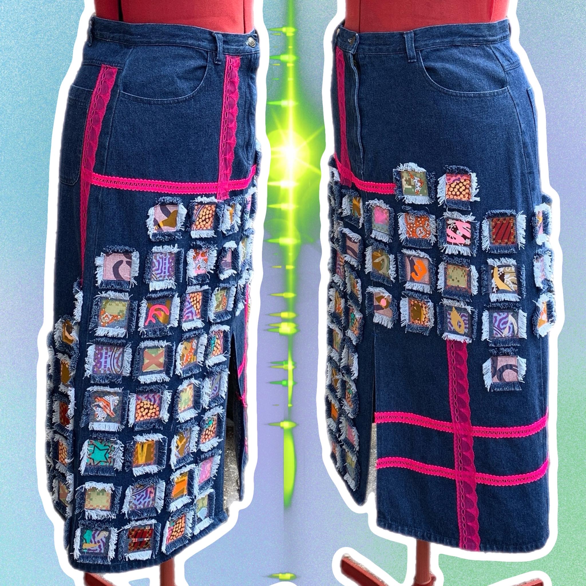 Denim Frayed Patchwork Midi Skirt With Multi Coloured Mini Fabric and ...