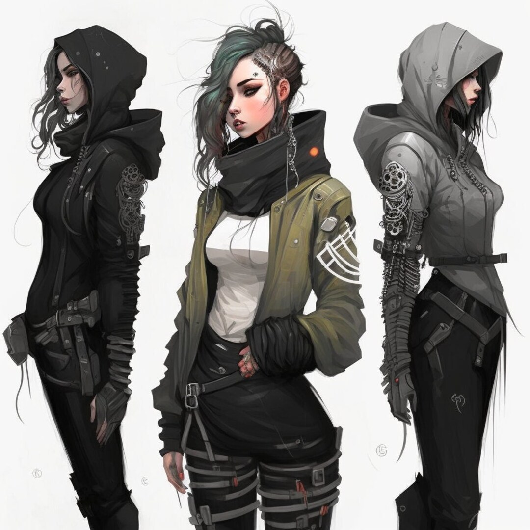 Beautiful Fashion Sketches of a Cyberpunk Clothing Design, Digital ...