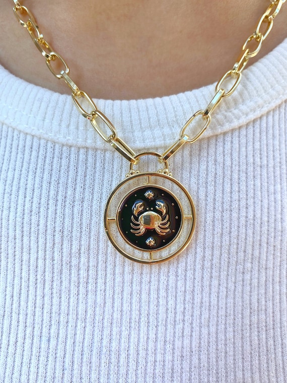 Cancer Zodiac Sign Medallion Gold Coin Necklace Crab Rising | Etsy