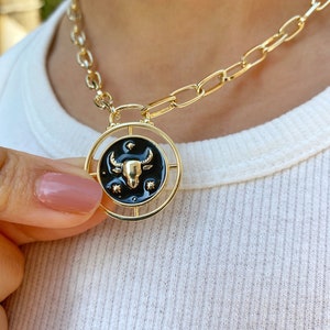 Taurus Bull Zodiac Sign Medallion Gold Coin Necklace Rising Star Moon ...