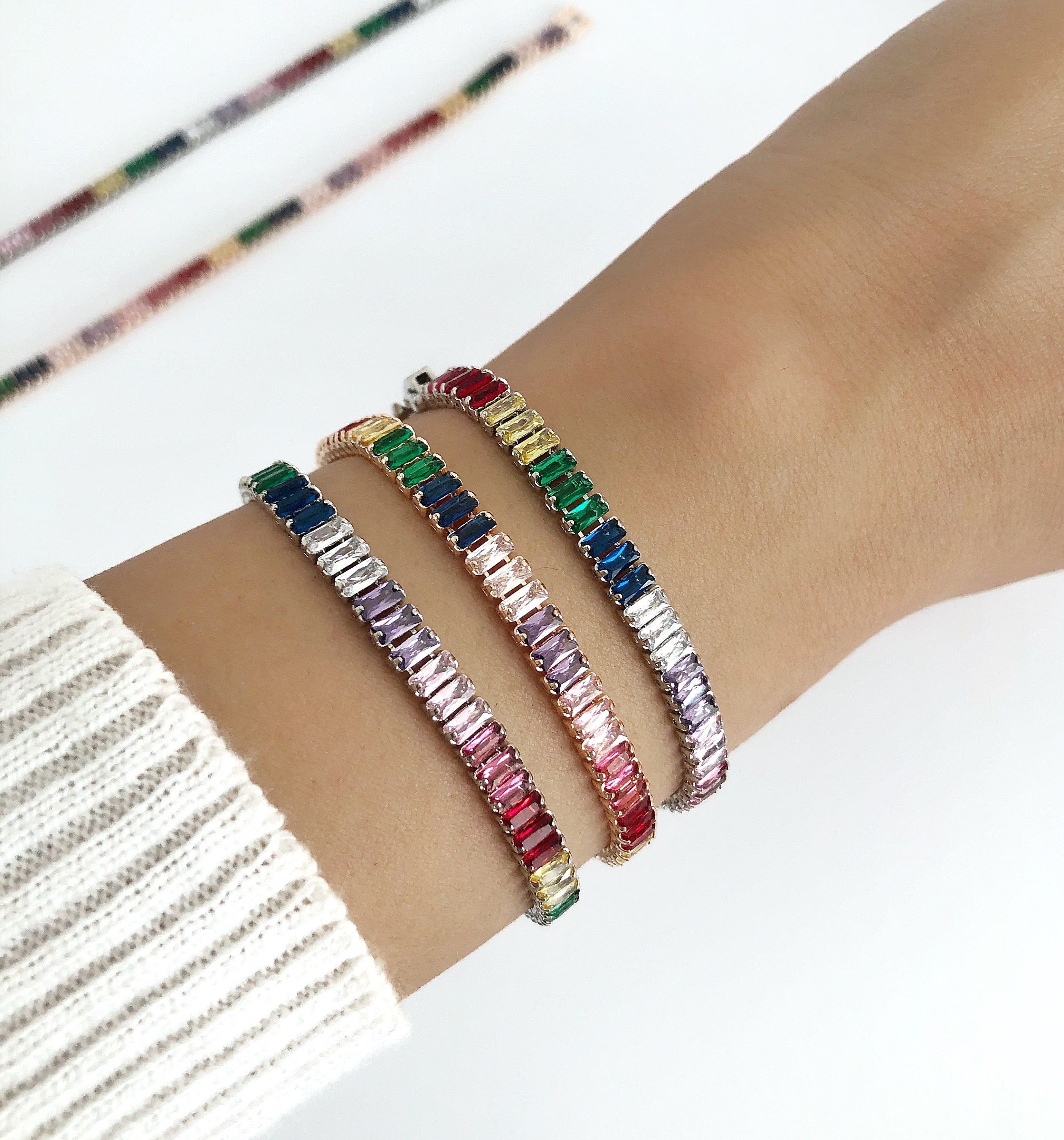 Rainbow Tennis Bracelet Dainty Rainbow Bracelet Gemstone - Etsy