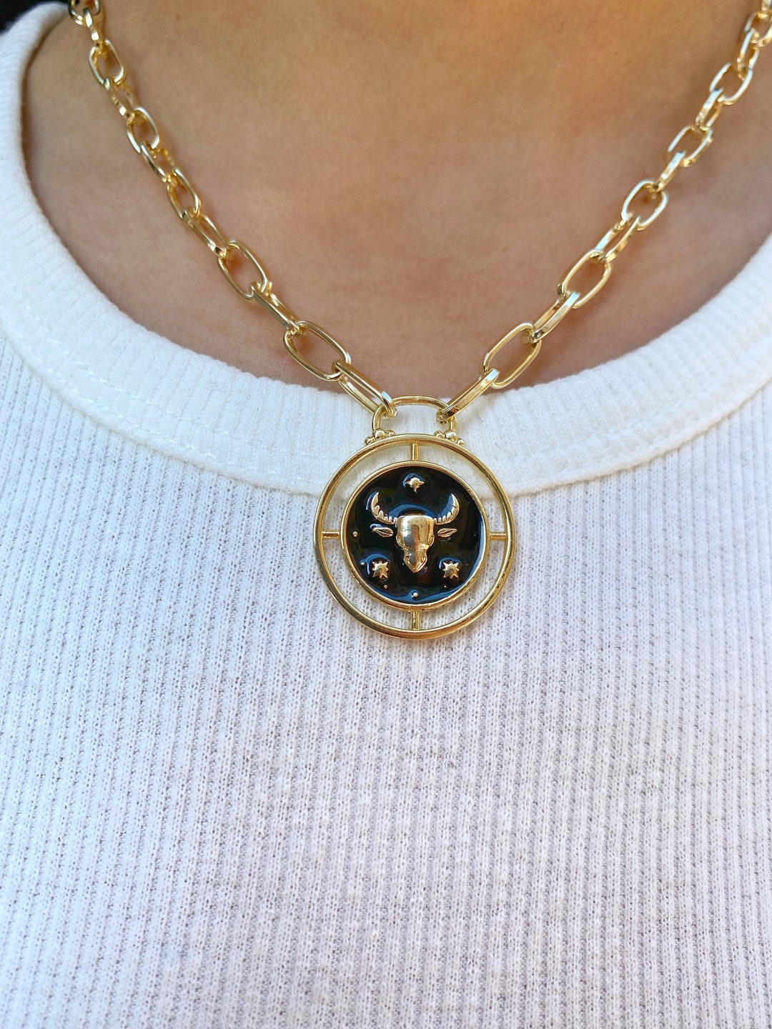 Taurus Bull Zodiac Sign Medallion Gold Coin Necklace Rising Star Moon ...